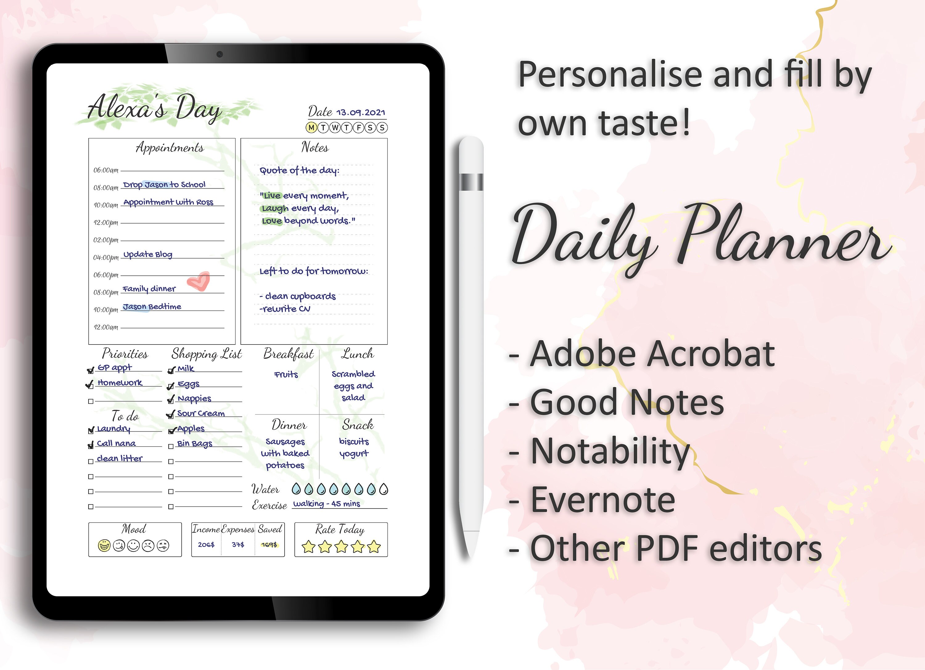 Daily Digital Planner Printable Personalised Editable Journal Tracker ...
