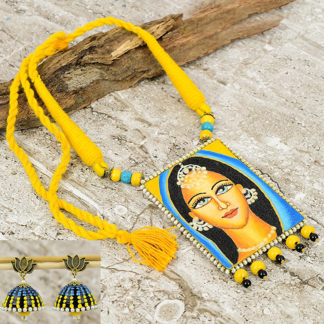 Hand Painted Designer Checkered Jewelry| Braided Necklace With Earrings ...