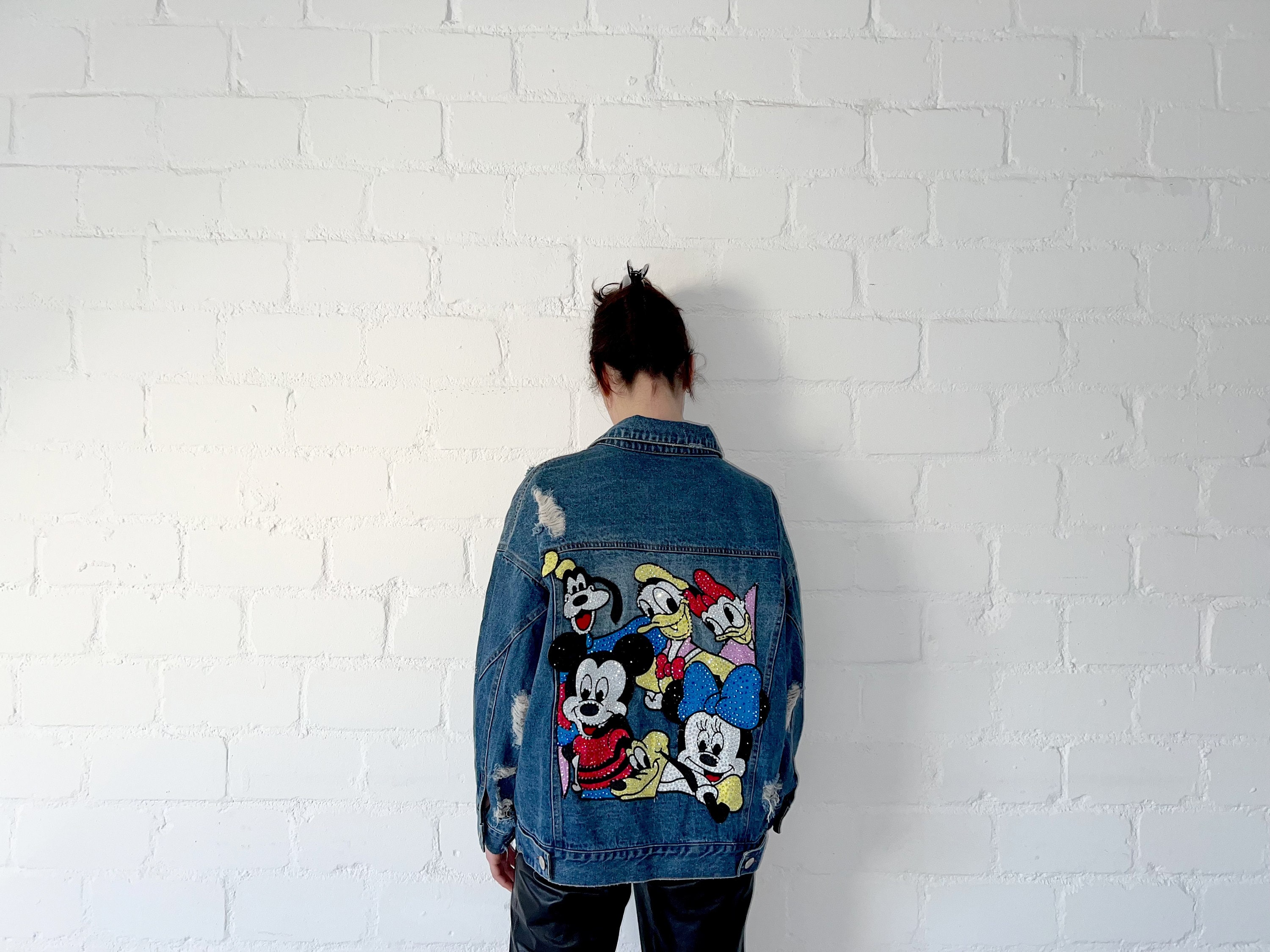 80s Ripped Denim Jacket Disney Mickey Mouse Patchwork Multicolor ...