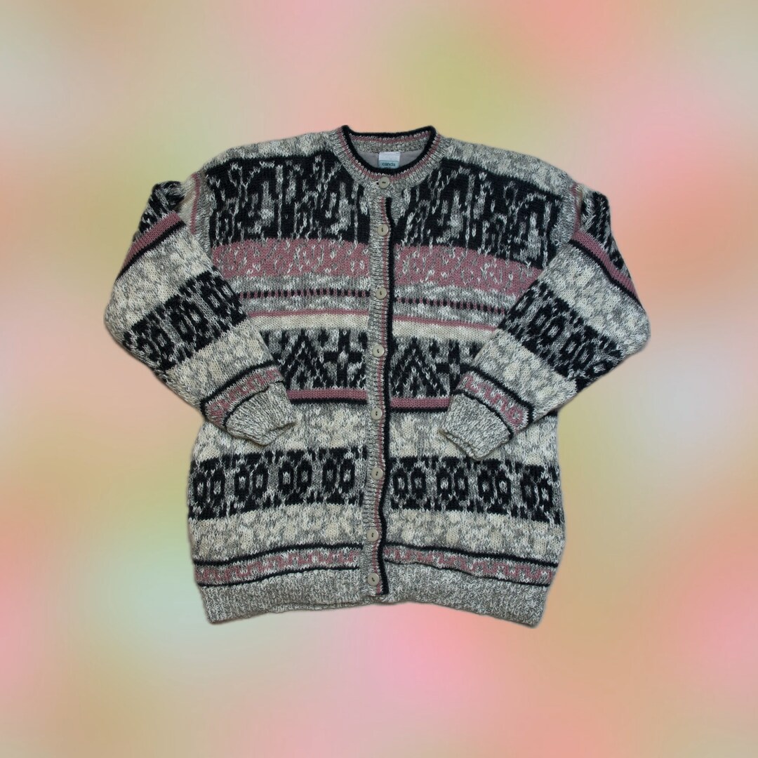 Vintage Wool Cardigan Oversized - Patterned 80s 90s Mohair Blend Knit ...