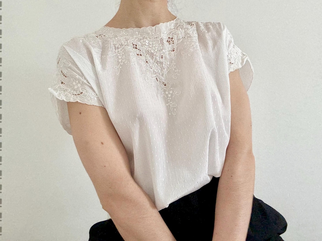 Vintage Romantic Cottagecore Blouse White Floral Embroidered | 80s 90s ...