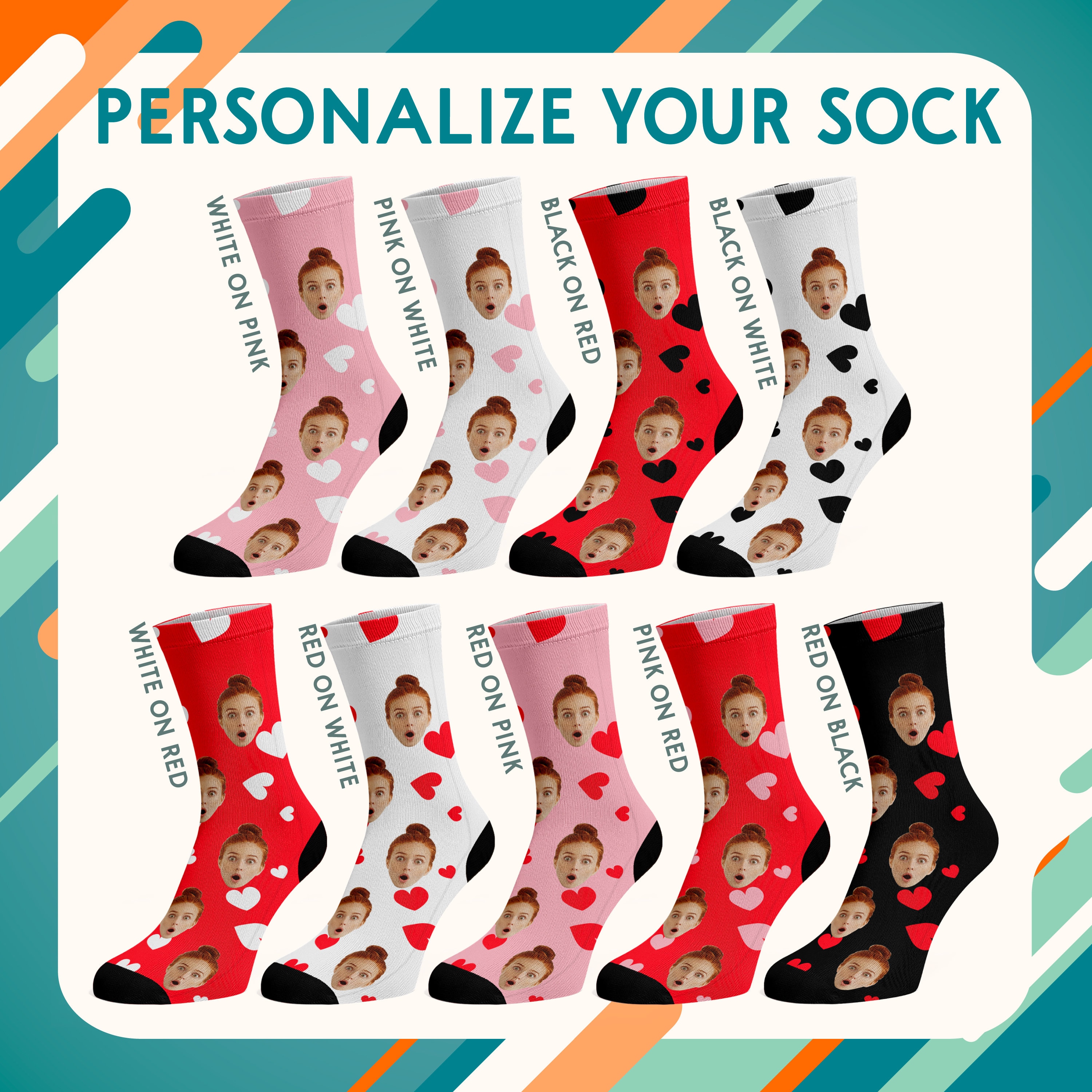 Personalized Sock W Photo for Girlfriend, Boyfriend | 9 Color Themes | Couple Gifts, Custom Face ...
