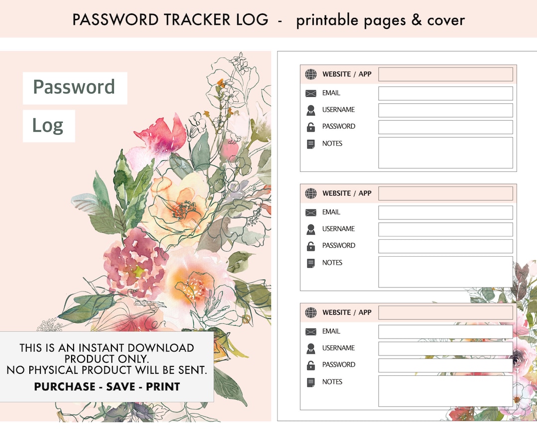 Printable Password Tracker Log - Instant Digital Download Password ...