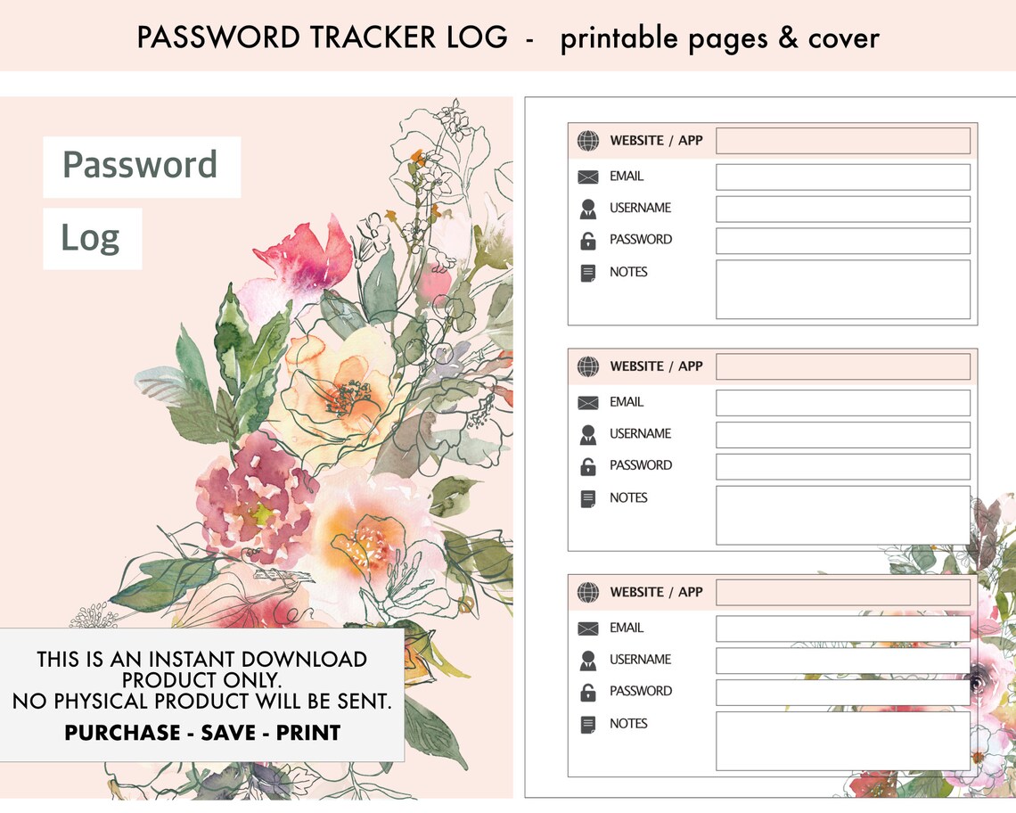 Printable Password Tracker Log - Instant Digital Download Password ...