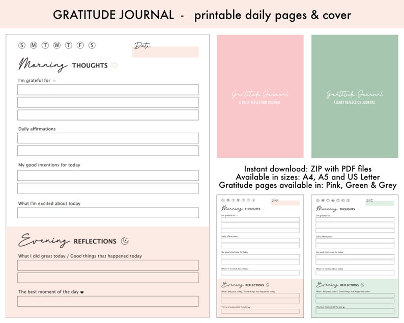 Printable Gratitude Journal - Daily Mindfulness With Morning Thoughts ...
