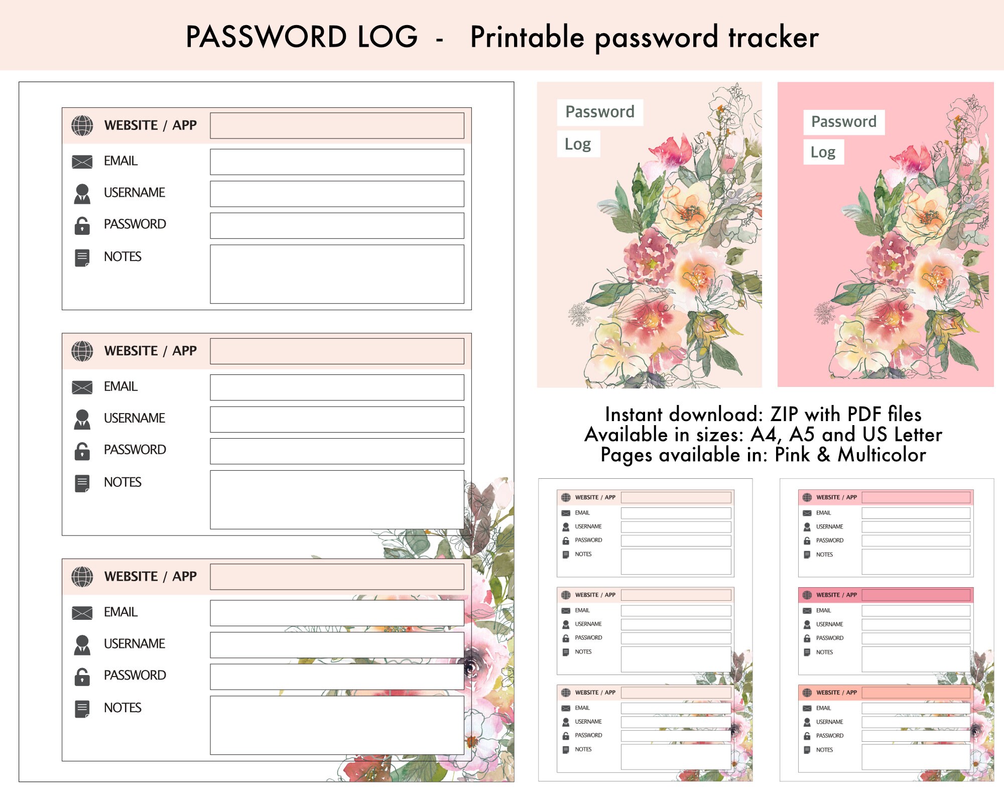 Printable Password Tracker Log - Instant Digital Download Password ...