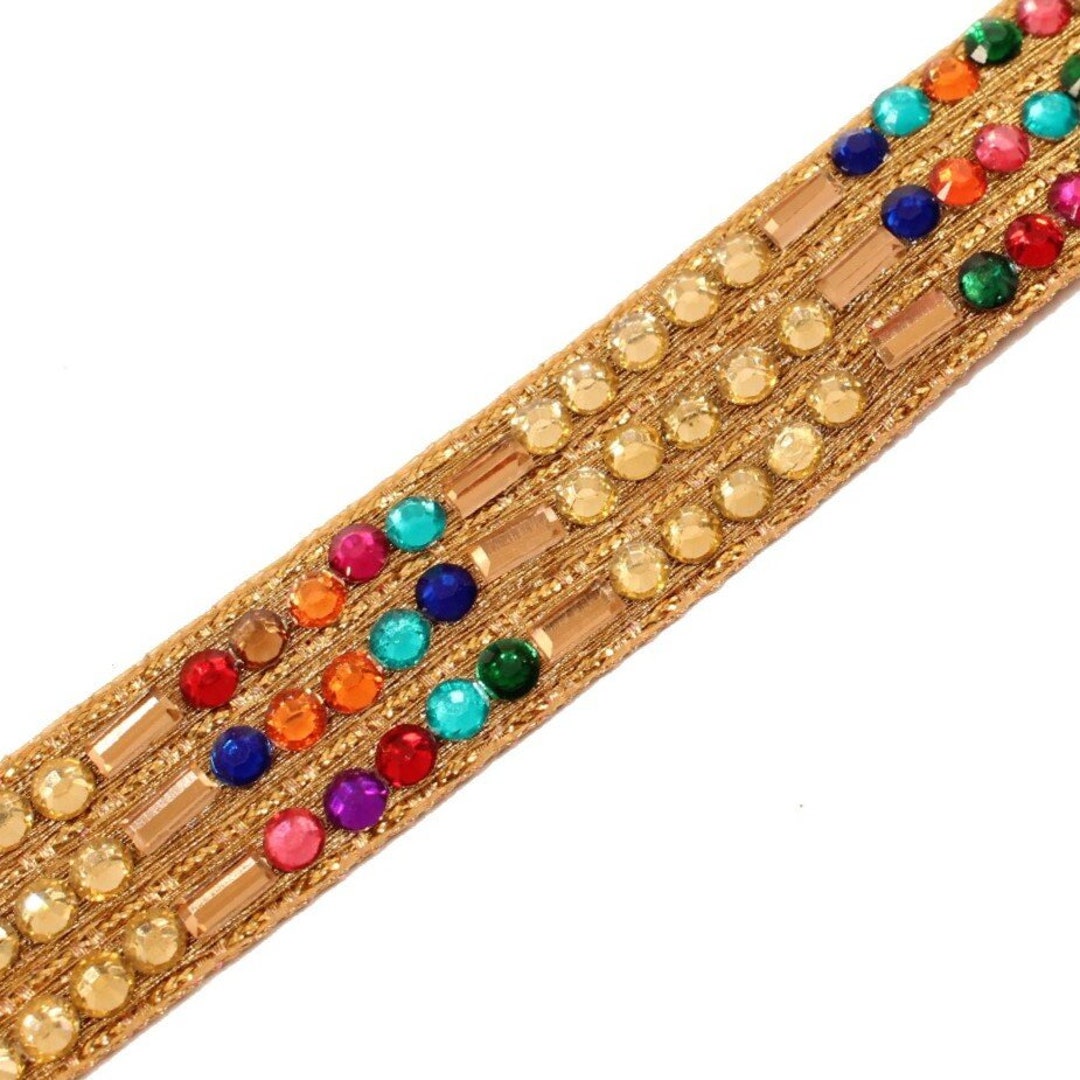 Rainbow Rhinestone Ribbon Trim, Gold Trim With Multicolor Gems for ...