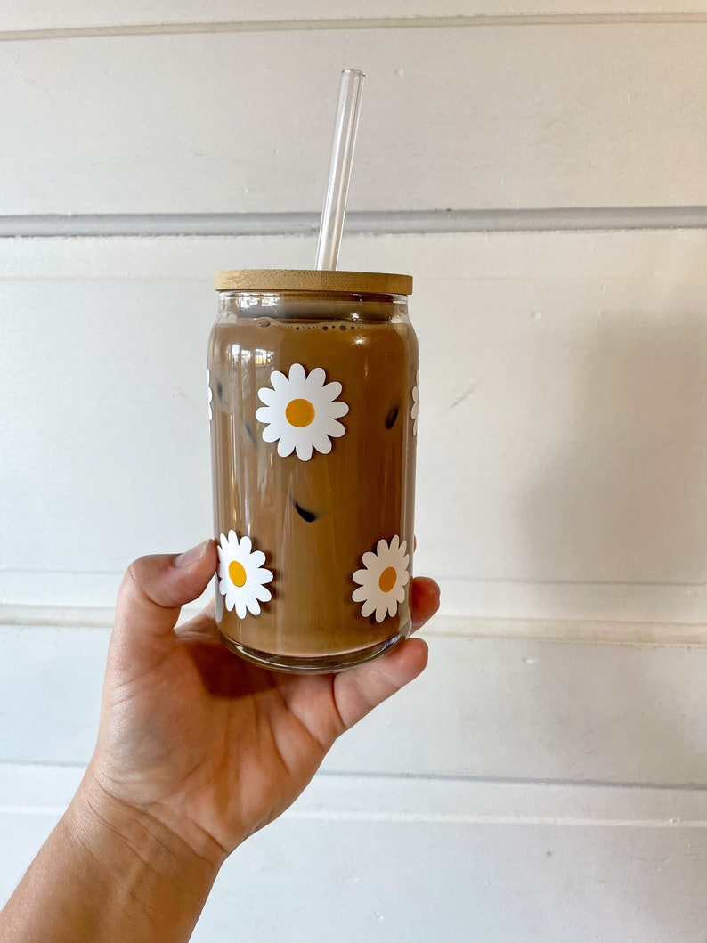 Daisy Beer Can Glass Iced Coffee Glass Cup White Daisy Etsy