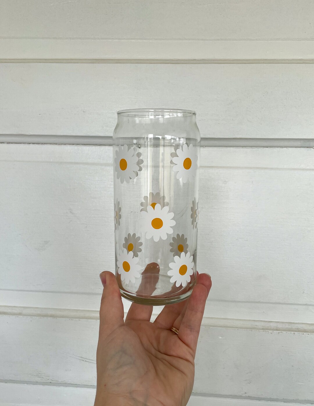 Daisy Beer Can Glass | Iced Coffee Glass Cup | White Daisy | Yellow ...