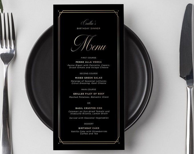 Editable Any Age Luxury Black Gold Birthday Dinner Menu, Editable Table ...