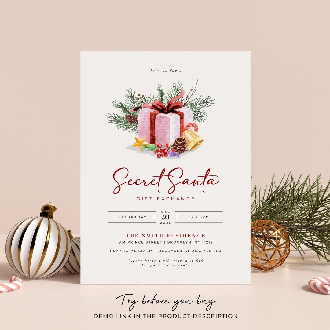 Editable Secret Santa Gift Exchange Invitation, Holiday Gift Exchange ...