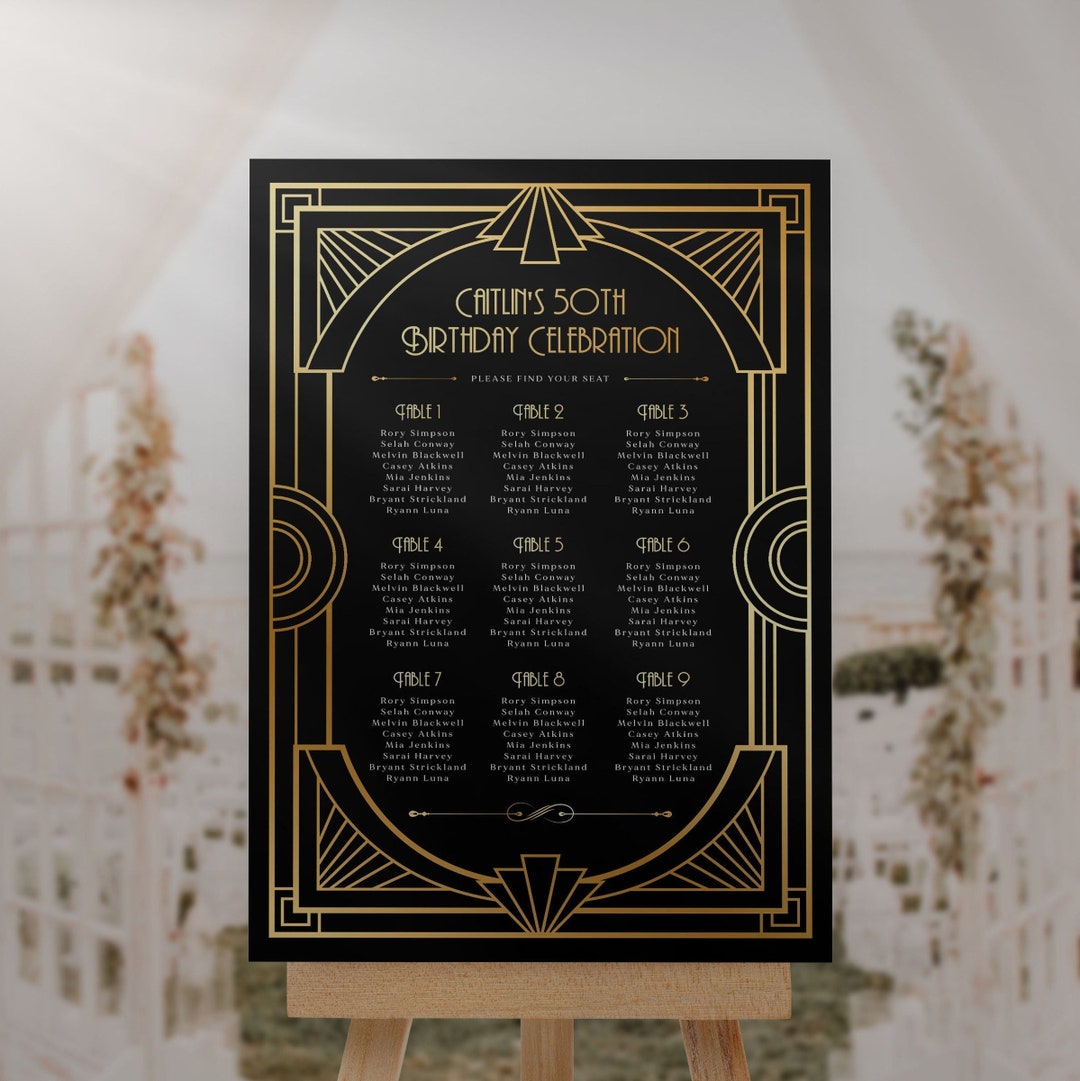 Birthday Seating Chart, Editable Art Deco Gatsby Luxury Black Gold ...