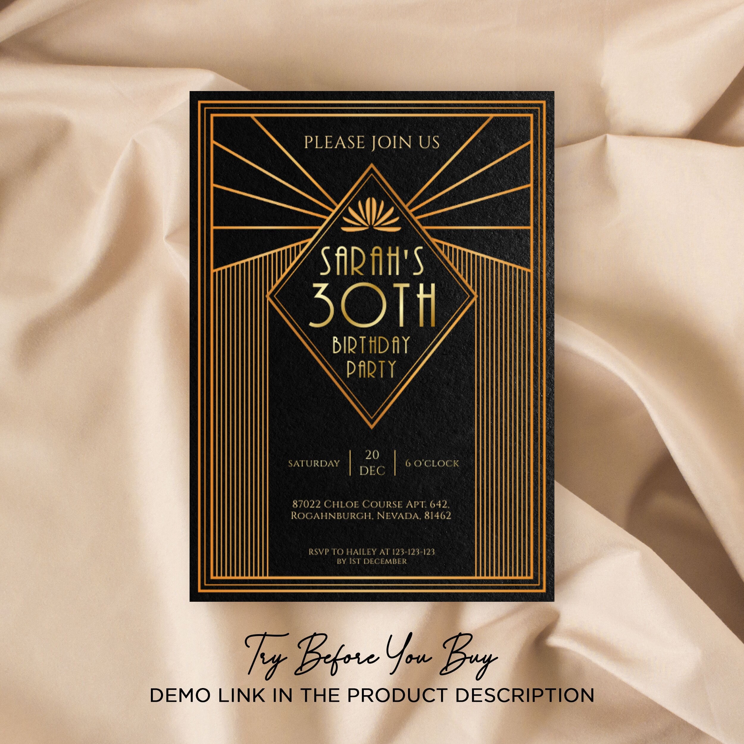 Editable Art Deco Any Age Gatsby Luxury Black Gold Birthday Invitation ...