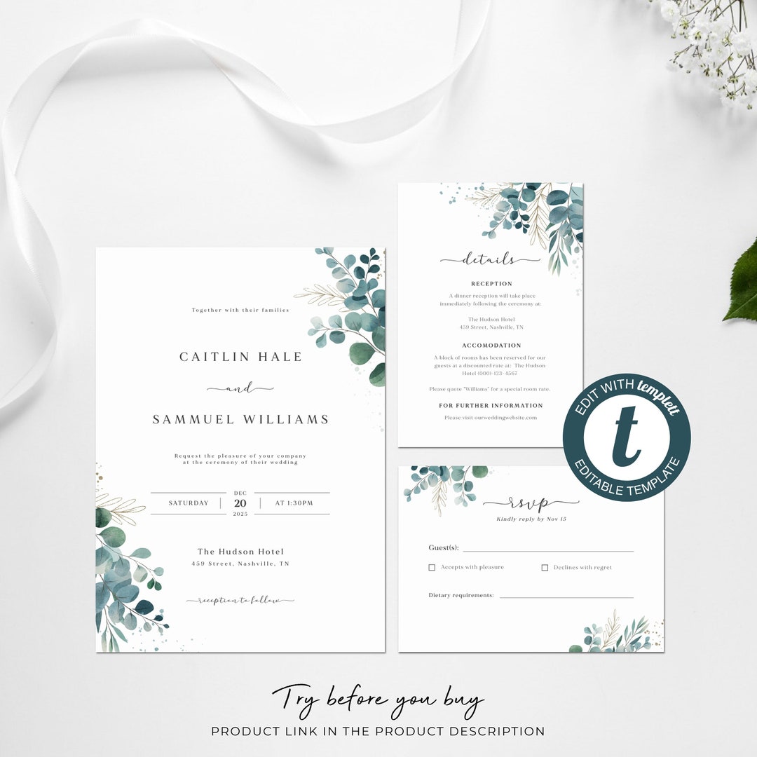 Editable Elegant Wedding Invitation Eucalyptus Template Set, Printable ...