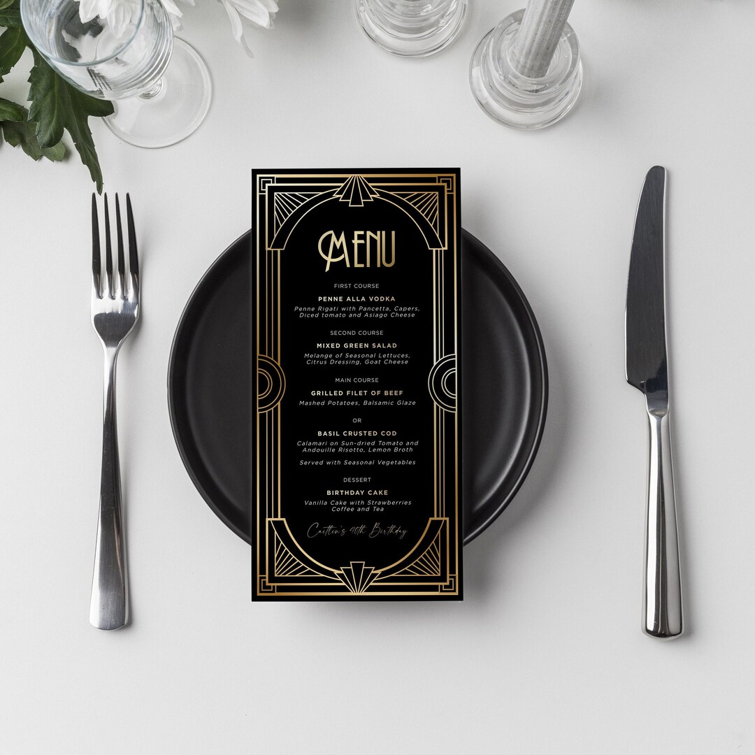 Editable Any Age Art Deco Black Gold Birthday Dinner Menu, Gatsby Table ...