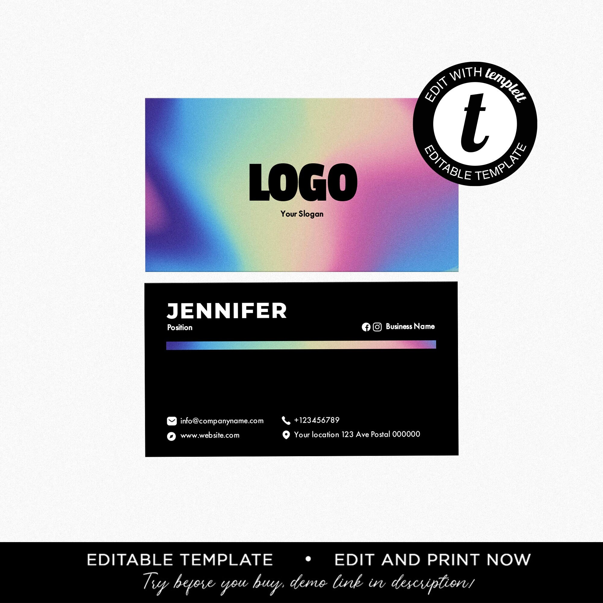 Holographic Modern Rainbow Black Business Namecard, Fully Editable Name ...