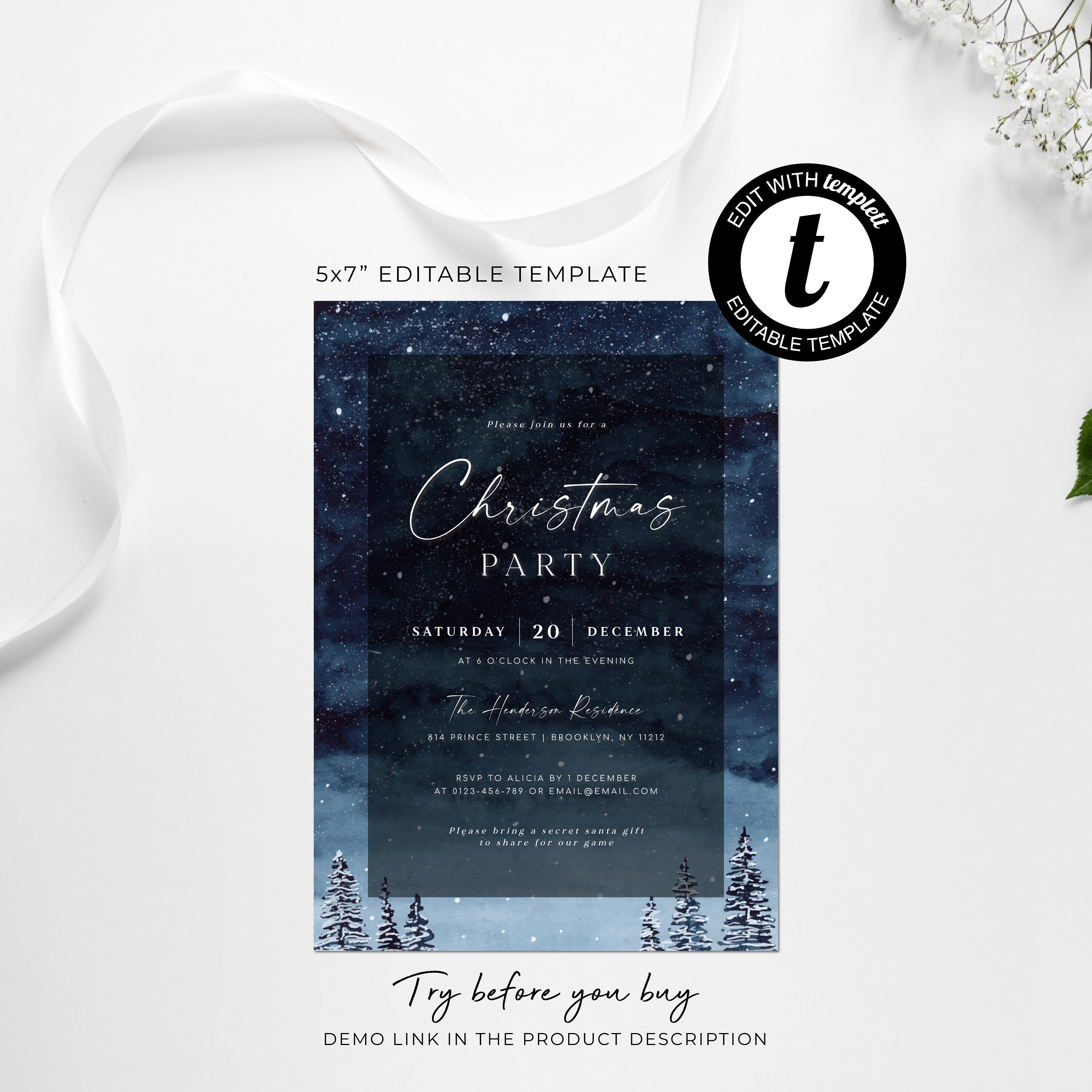 Editable Winter Christmas Party Invitation, Rustic Christmas Party ...