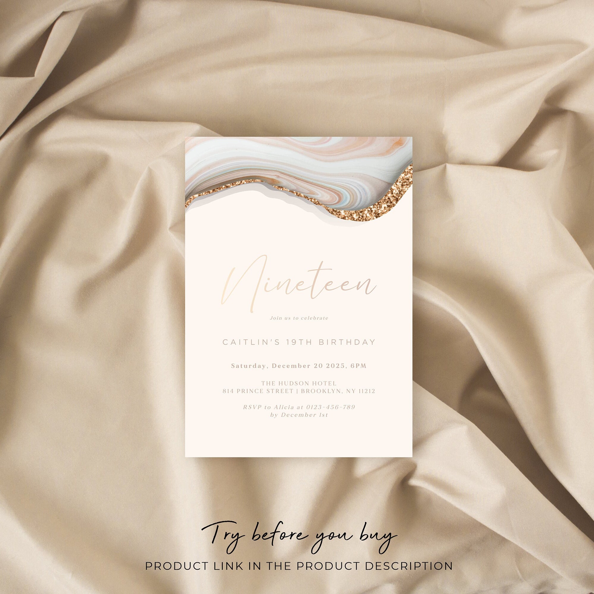 Editable Pink Marble Any Age Birthday Party Invitation, Luxury Agate ...