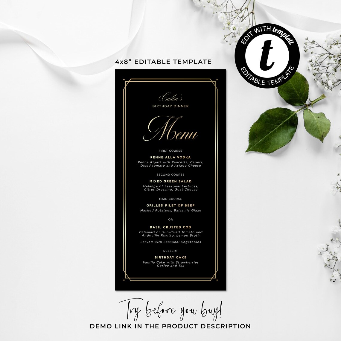 Editable Any Age Art Deco Black Gold Birthday Dinner Menu, Luxury Table ...