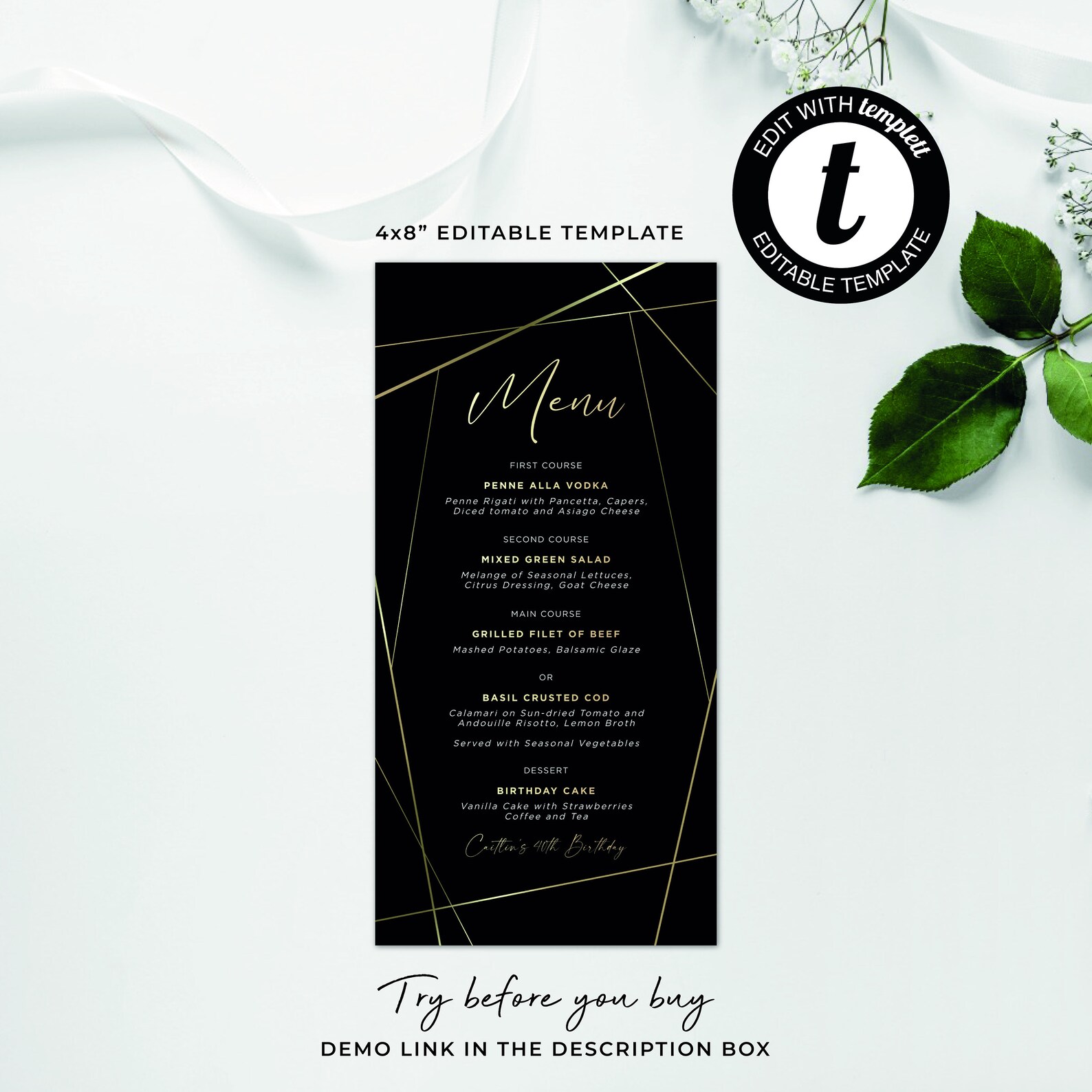 Editable Any Age Luxury Black Gold Birthday Dinner Menu, Editable Table ...