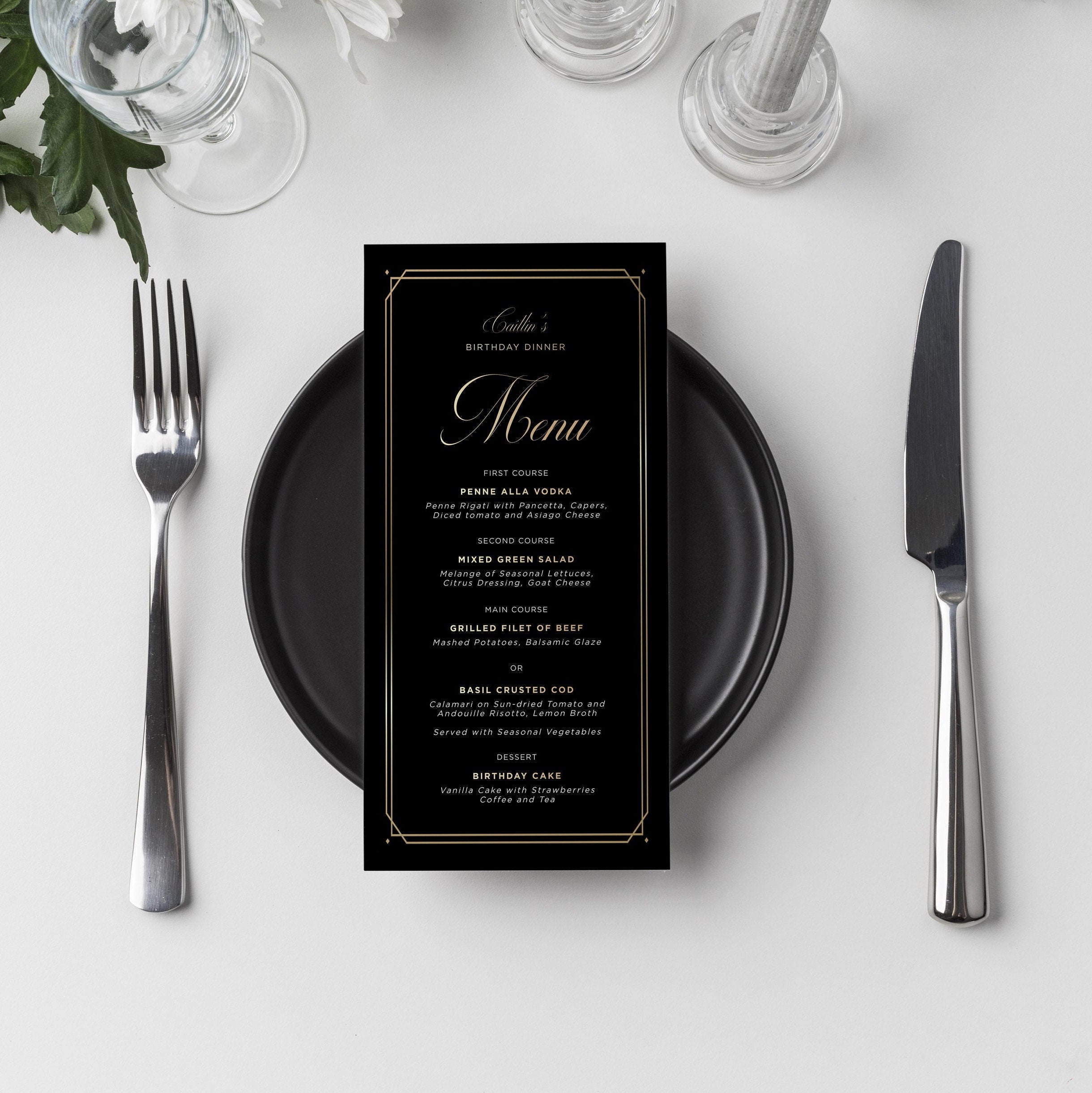 Editable Any Age Art Deco Black Gold Birthday Dinner Menu, Luxury Table ...