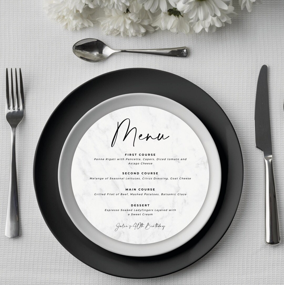 White Marble Round Menu Editable Template, Modern Minimalist Menu ...