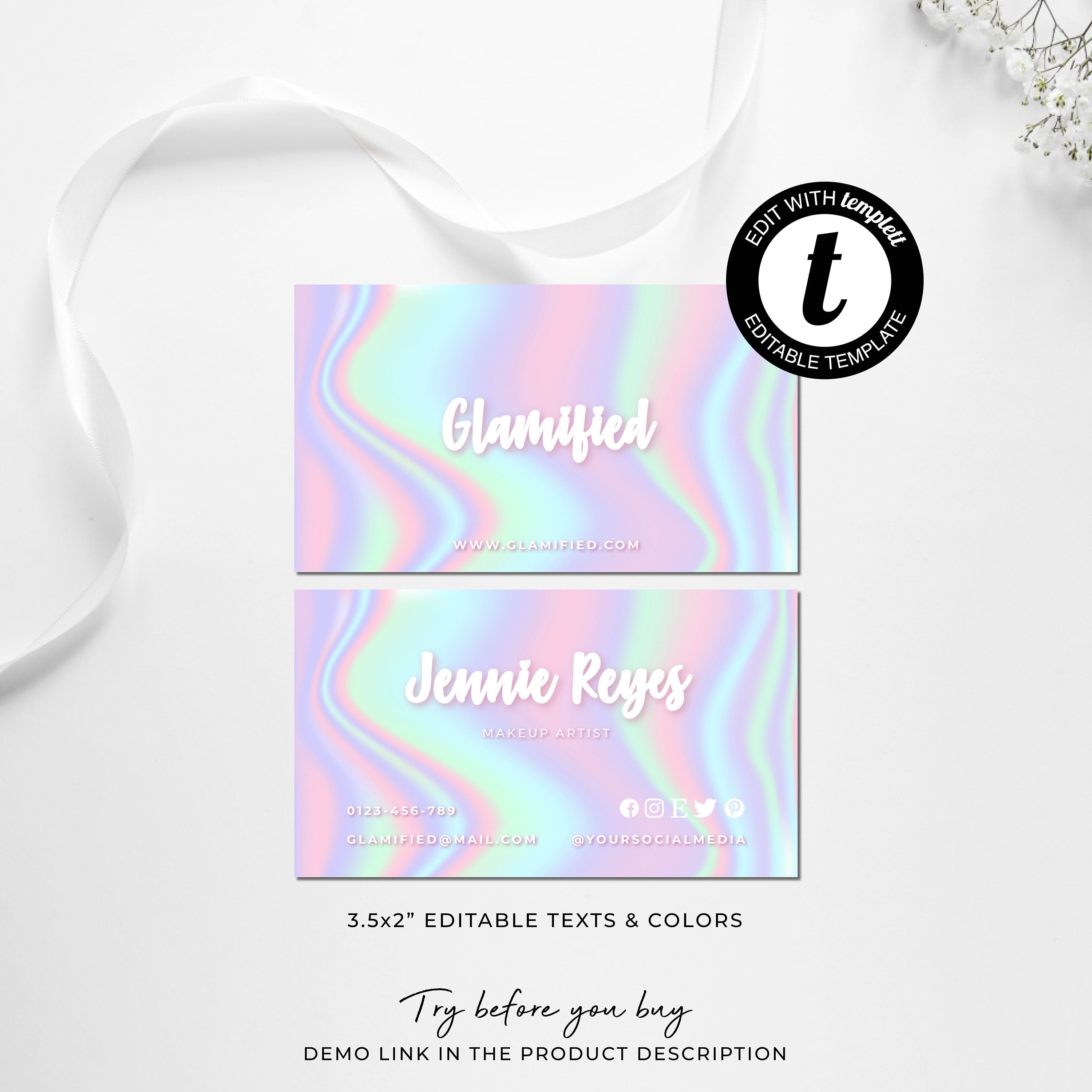 Holographic Rainbow Cotton Candy Editable Business Name Card Template ...