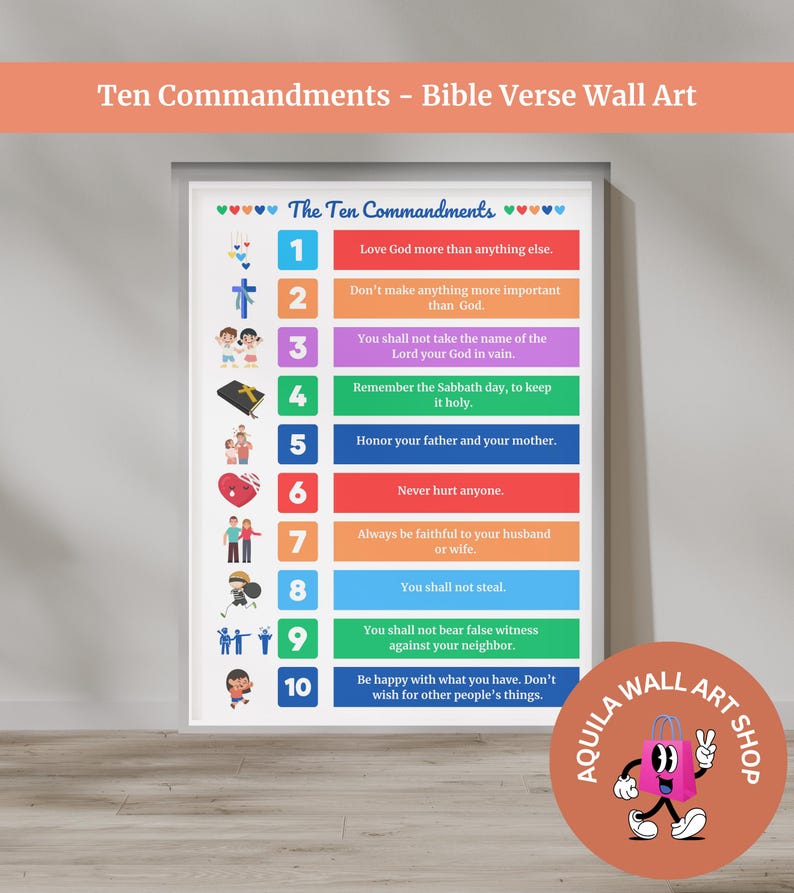 Ten Commandments Bible Verse Wall Art Christian Print Teach Children ...