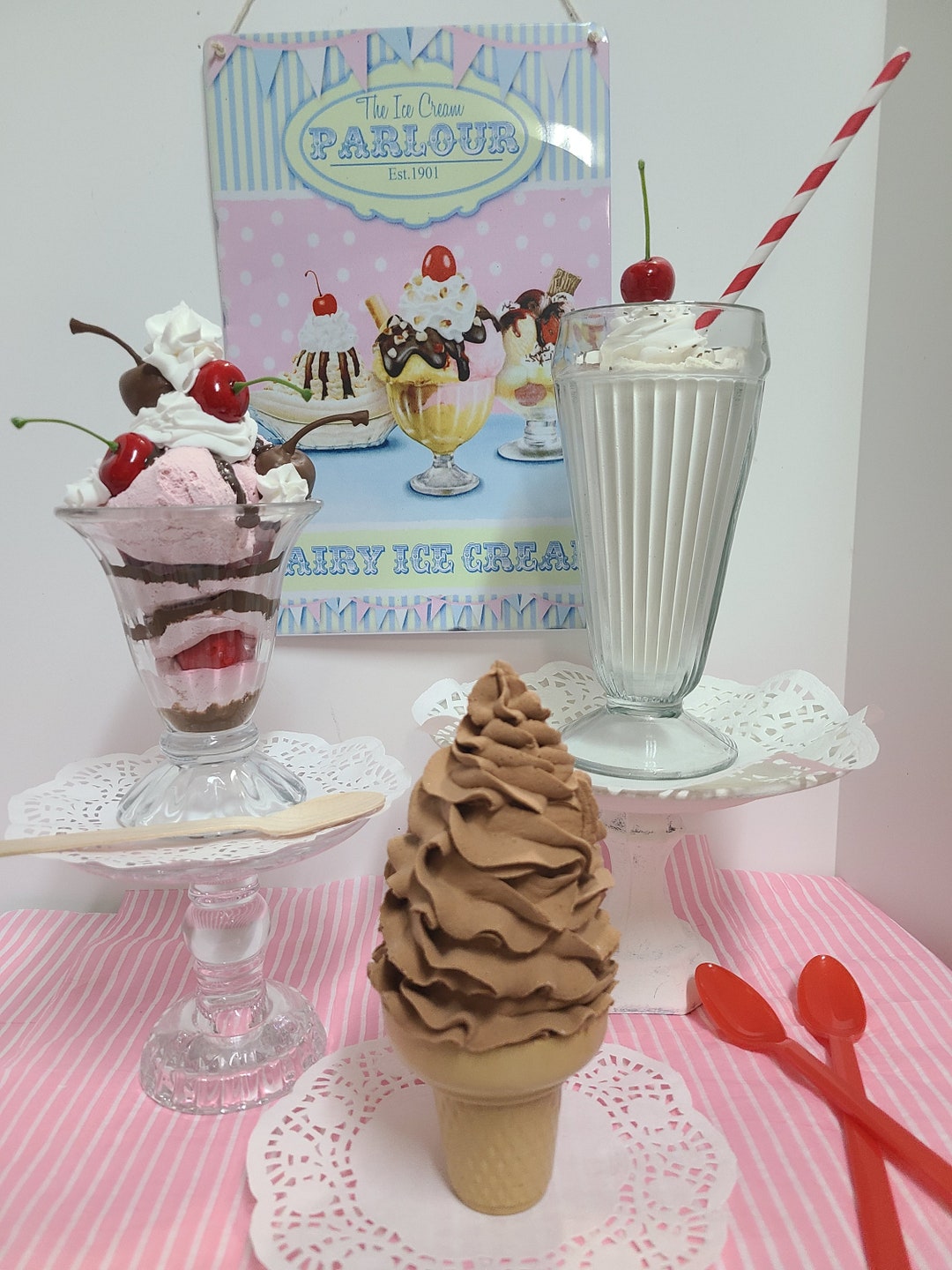 Fake Dessert SET of 3 Fake Cherry Jubilee Sundae, Fake Vanilla ...