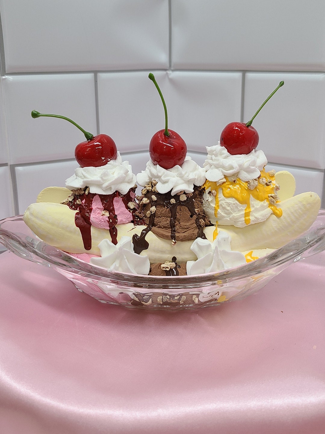 Fake Banana Split, Faux Ice Cream, Tiered Tray Decor, Vintage Banana ...