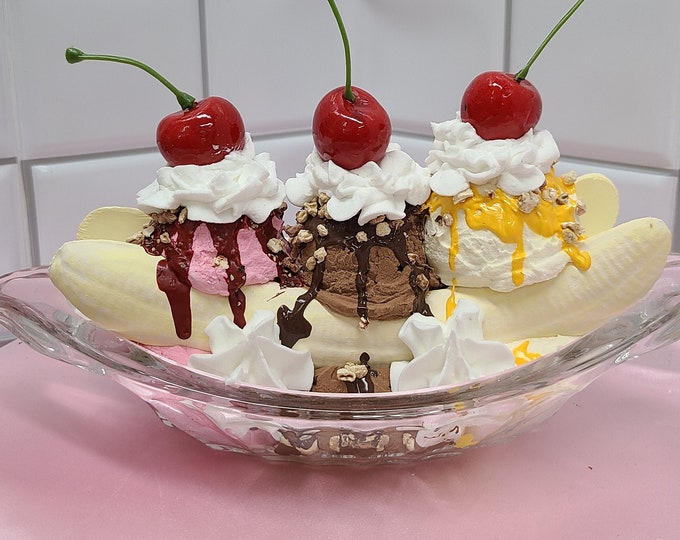 Fake Banana Split Faux Ice Cream Tiered Tray Decor Vintage Banana