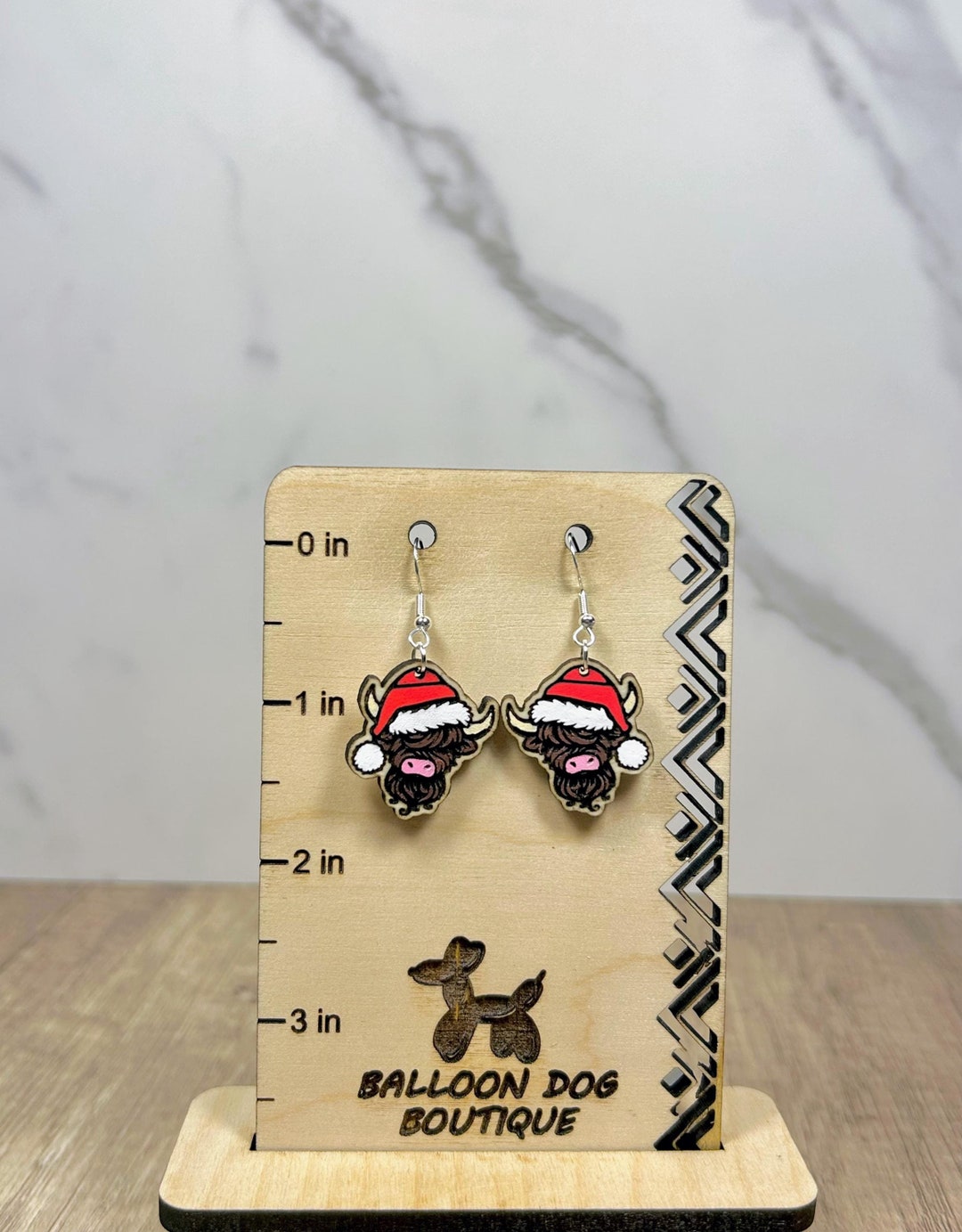 Highland Cow With Santa Hat Handpainted Engraved Wood Dangle Earrings ...