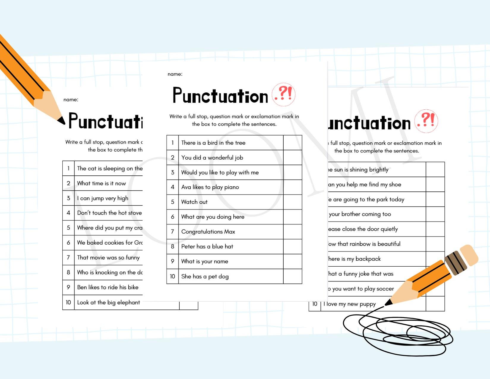 Punctuation Practice Worksheets for Kids | Full Stop, Question Mark ...