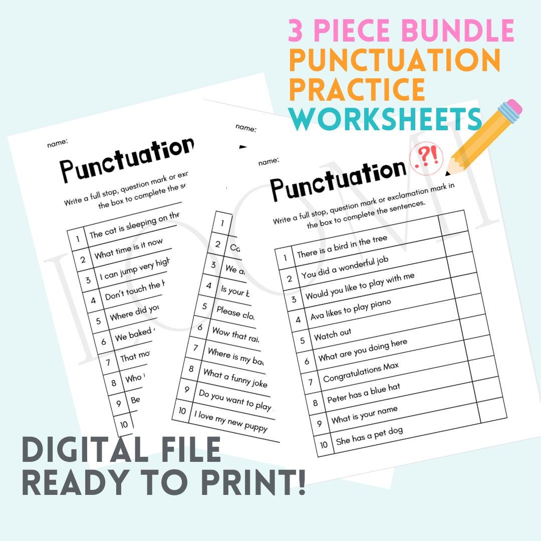 Punctuation Practice Worksheets for Kids | Full Stop, Question Mark ...