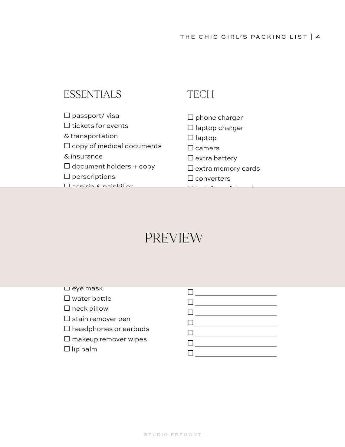 The Chic Girl's Packing List Printable, PDF Packing List for Vacation ...