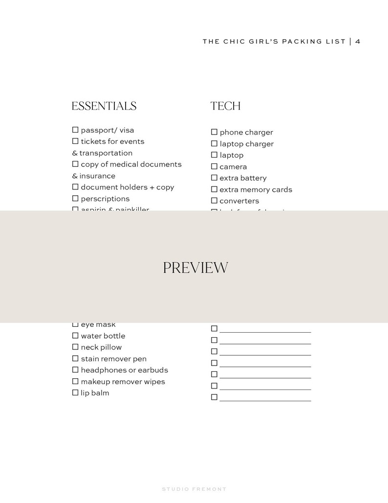 The Chic Girl's Packing List Printable, PDF Packing List for Vacation ...