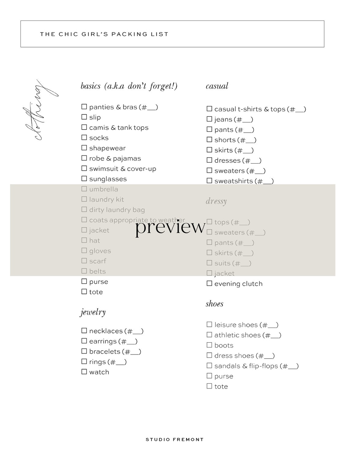 The Chic Girl's Packing List Printable PDF Packing List - Etsy