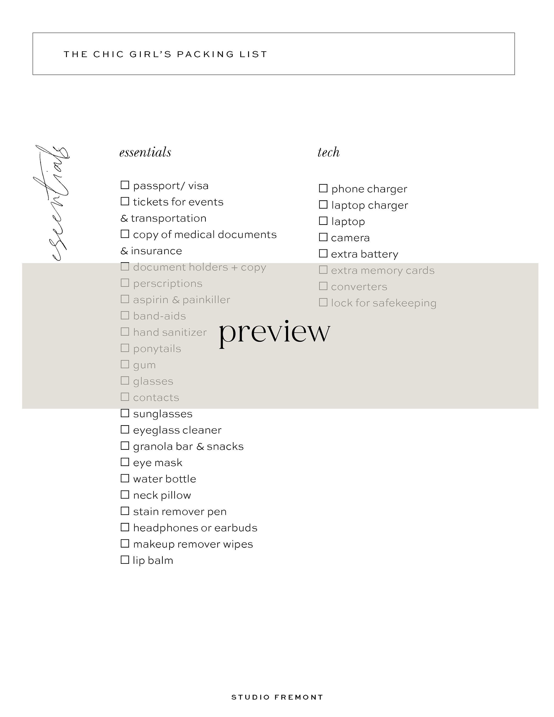The Chic Girl's Packing List Printable PDF Packing List - Etsy