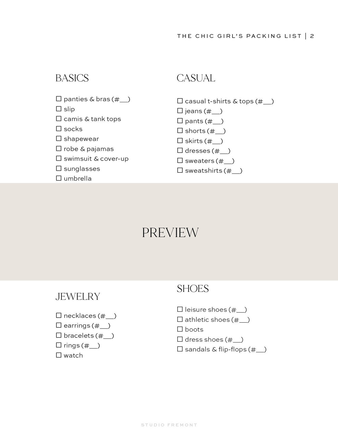 The Chic Girl's Packing List Printable, PDF Packing List for Vacation ...