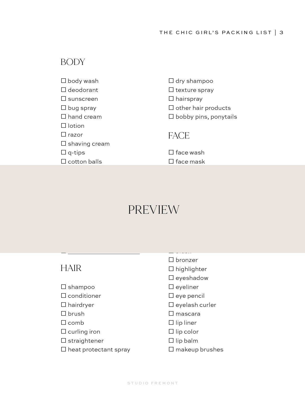 The Chic Girl's Packing List Printable, PDF Packing List for Vacation ...