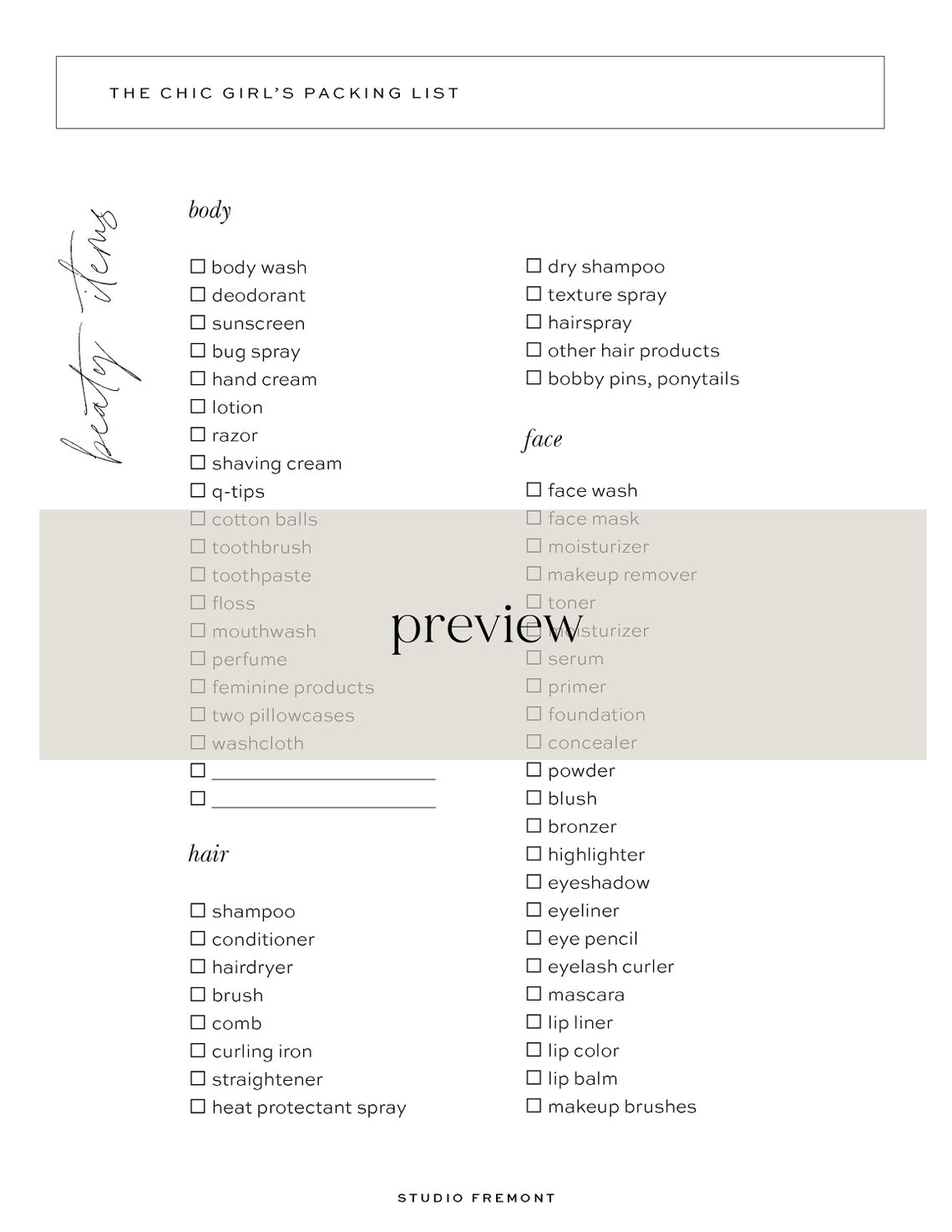 The Chic Girl's Packing List Printable PDF Packing List - Etsy