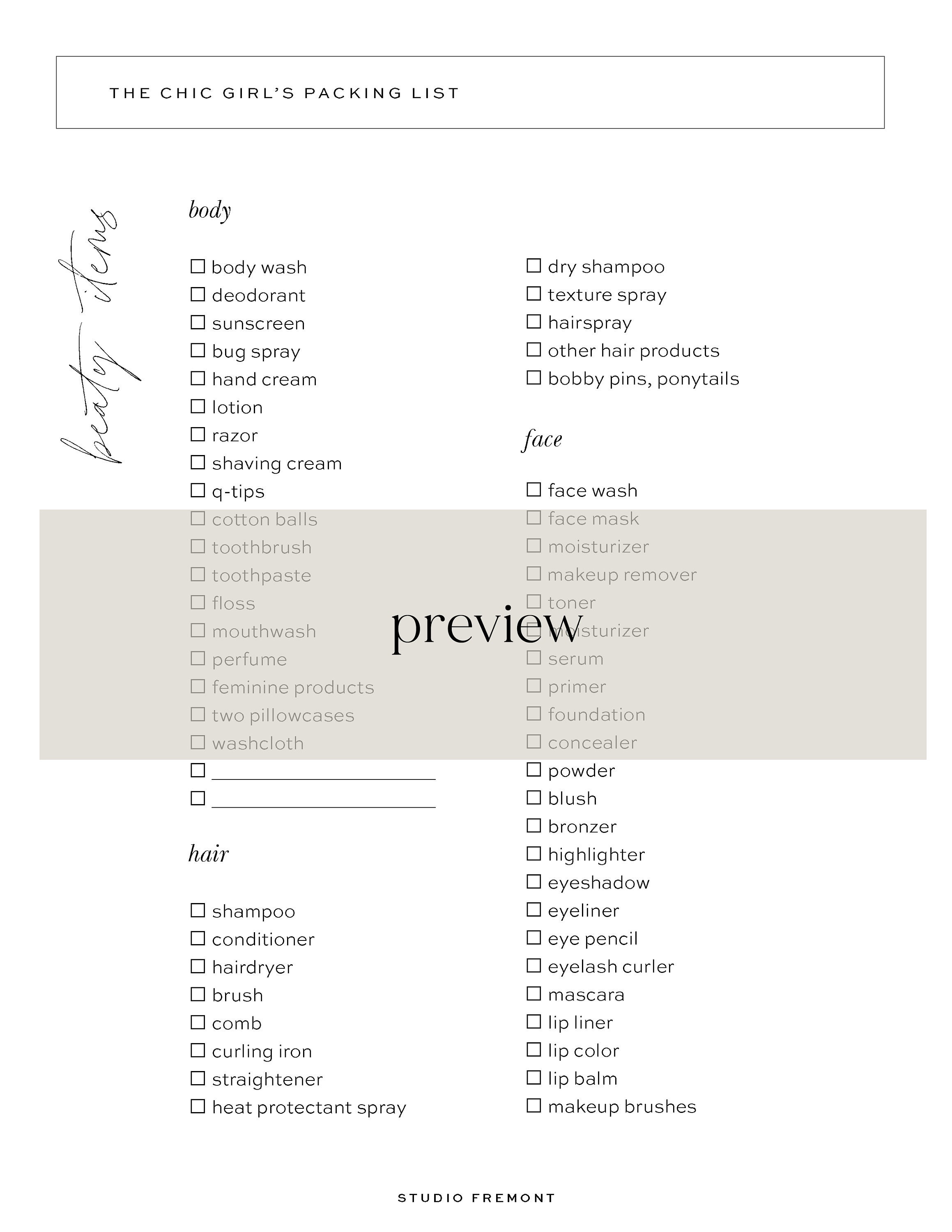 The Chic Girl's Packing List Printable PDF Packing List - Etsy