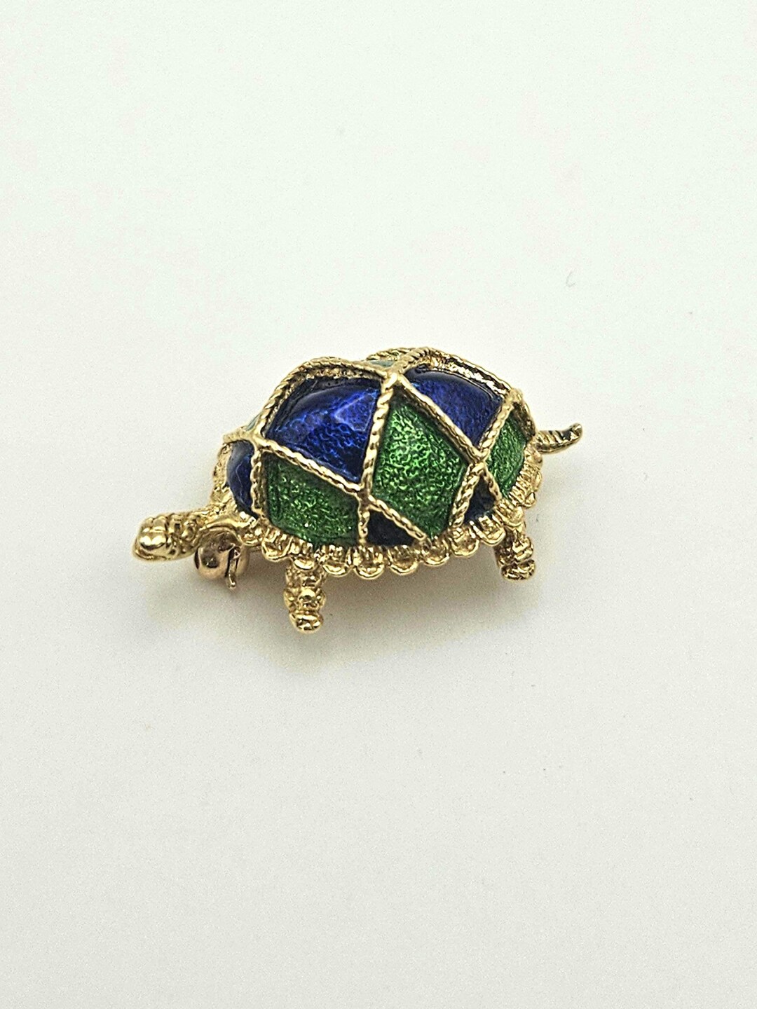 18k Gold Turtle Brooch, 18k Turtle Pin With Blue and Green Enamel Shell ...