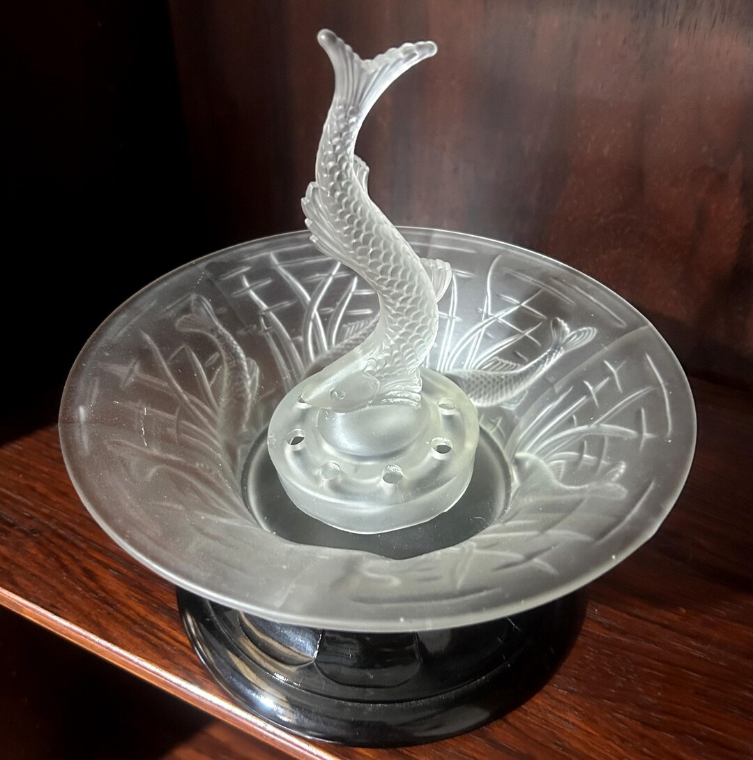 Art Deco Pressed Clear Glass Leaping Fish Centrepiece Bowl & Stand ...