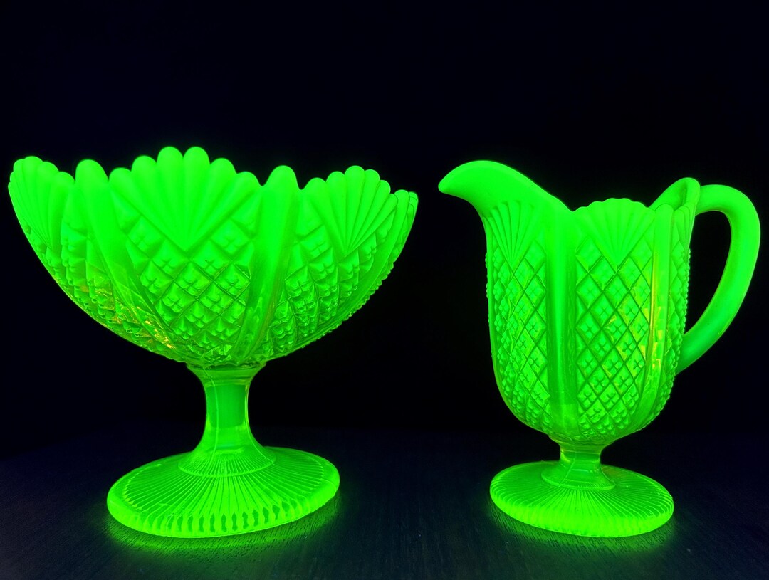 Antique Vaseline/uranium Pressed Glass Queen's Crown Creamer & Compote ...