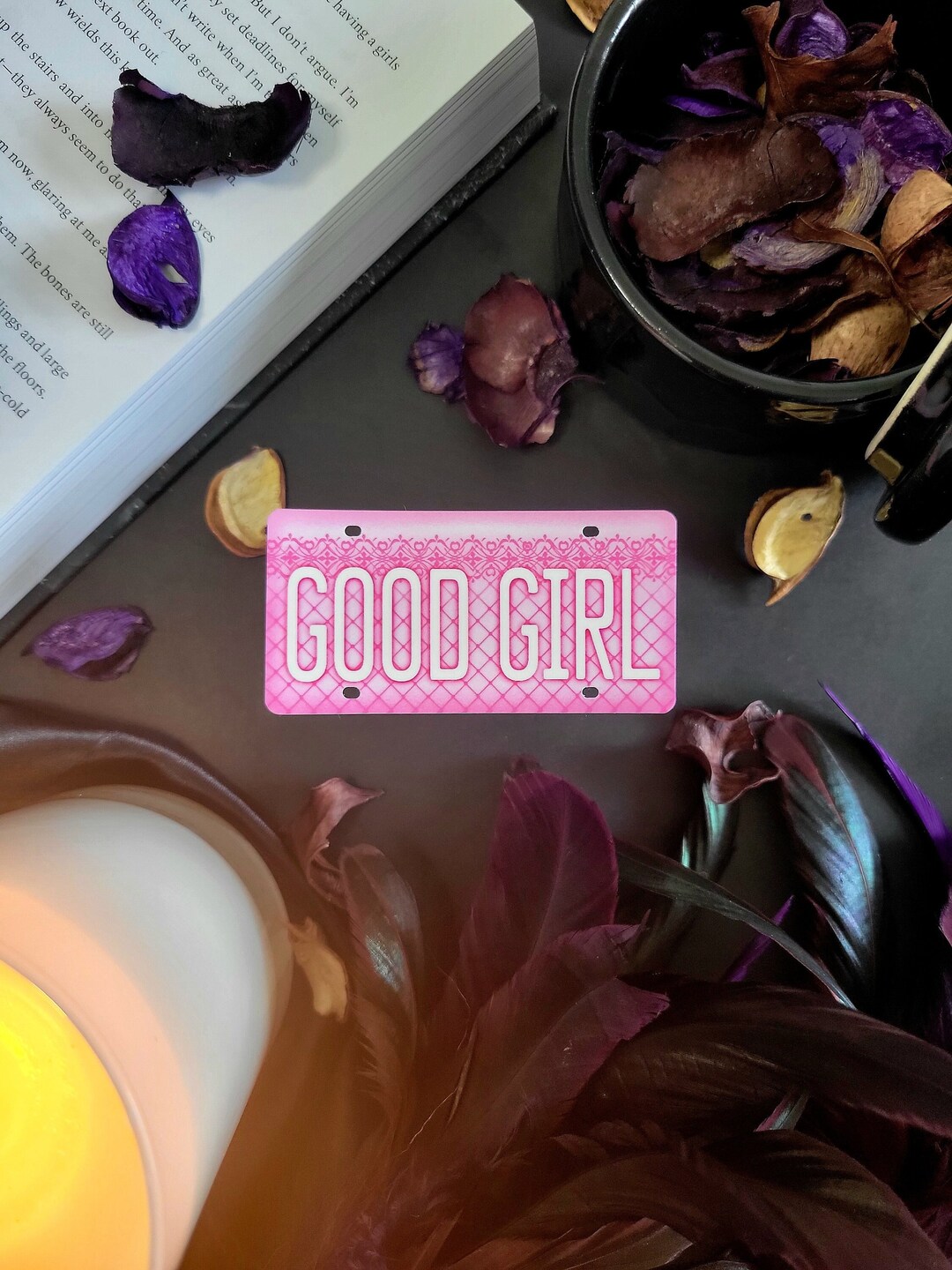 Bookish License Plate Sticker GOOD GIRL Vanity Plate Pink Lace Smuttok Sticker, Praise Kink Smut ...