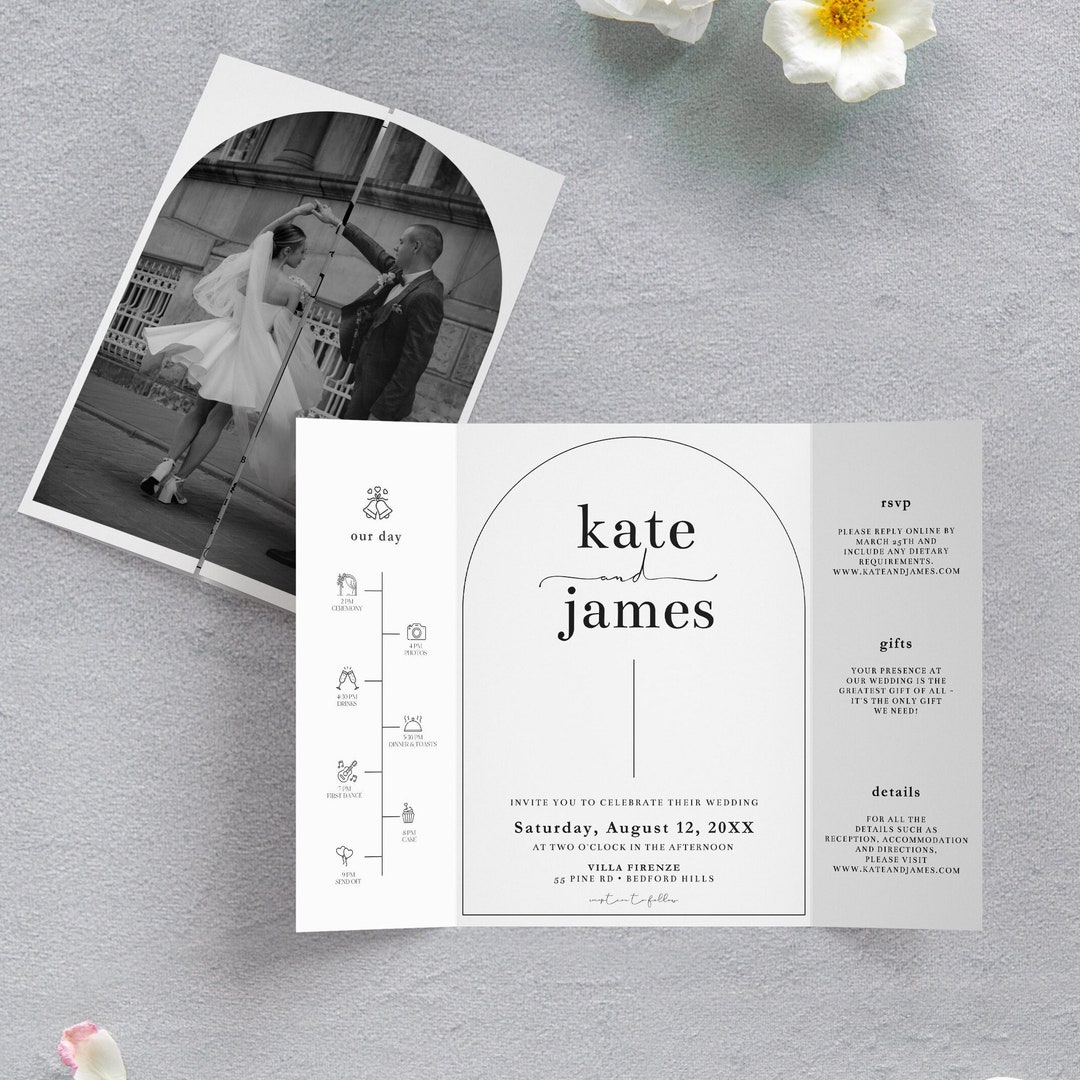 Arch Gatefold Wedding Invitation Template, Minimalist Canva Design ...