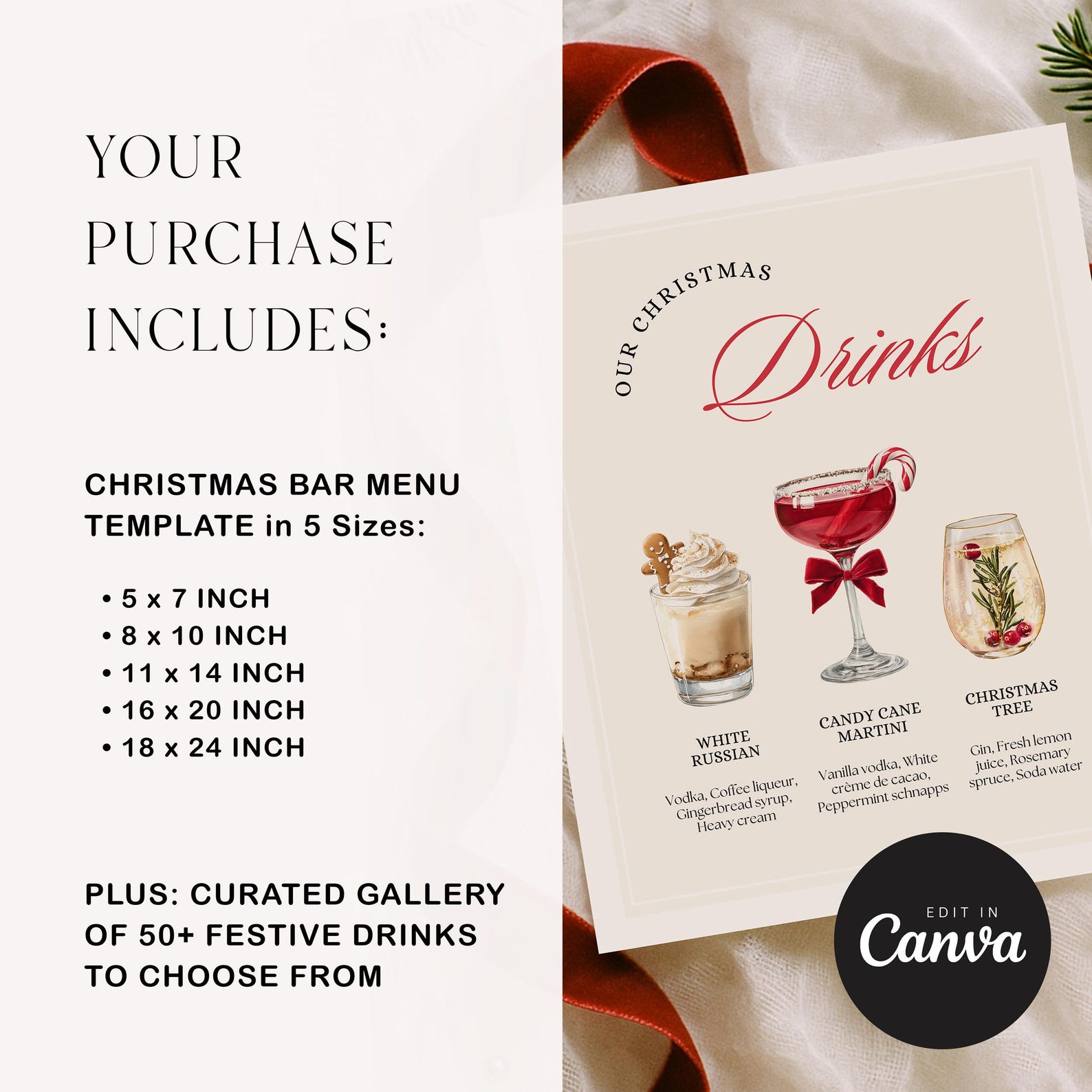 Elegant Christmas Drinks Menu Template – Holiday Cocktail Bar Sign ...