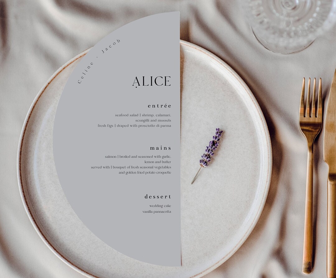 French Grey Half Moon Menu Template & Place Card Template Set, Canva ...