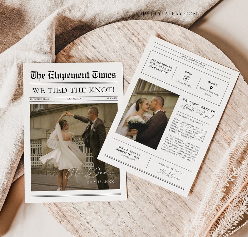 Newspaper Photo Elopement Card, Reception Party Invitation Canva ...